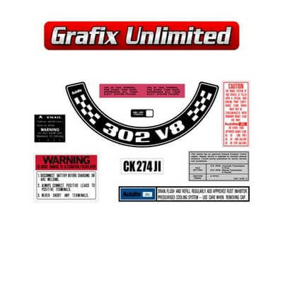 Sticker Kit, 302 V8 1969 - 1972 Engine Bay | Grafix Unlimited