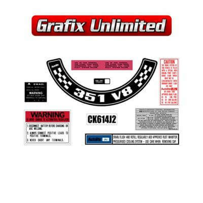 Sticker Kit, 351 V8 1969 - 1972 Engine Bay | Grafix Unlimited